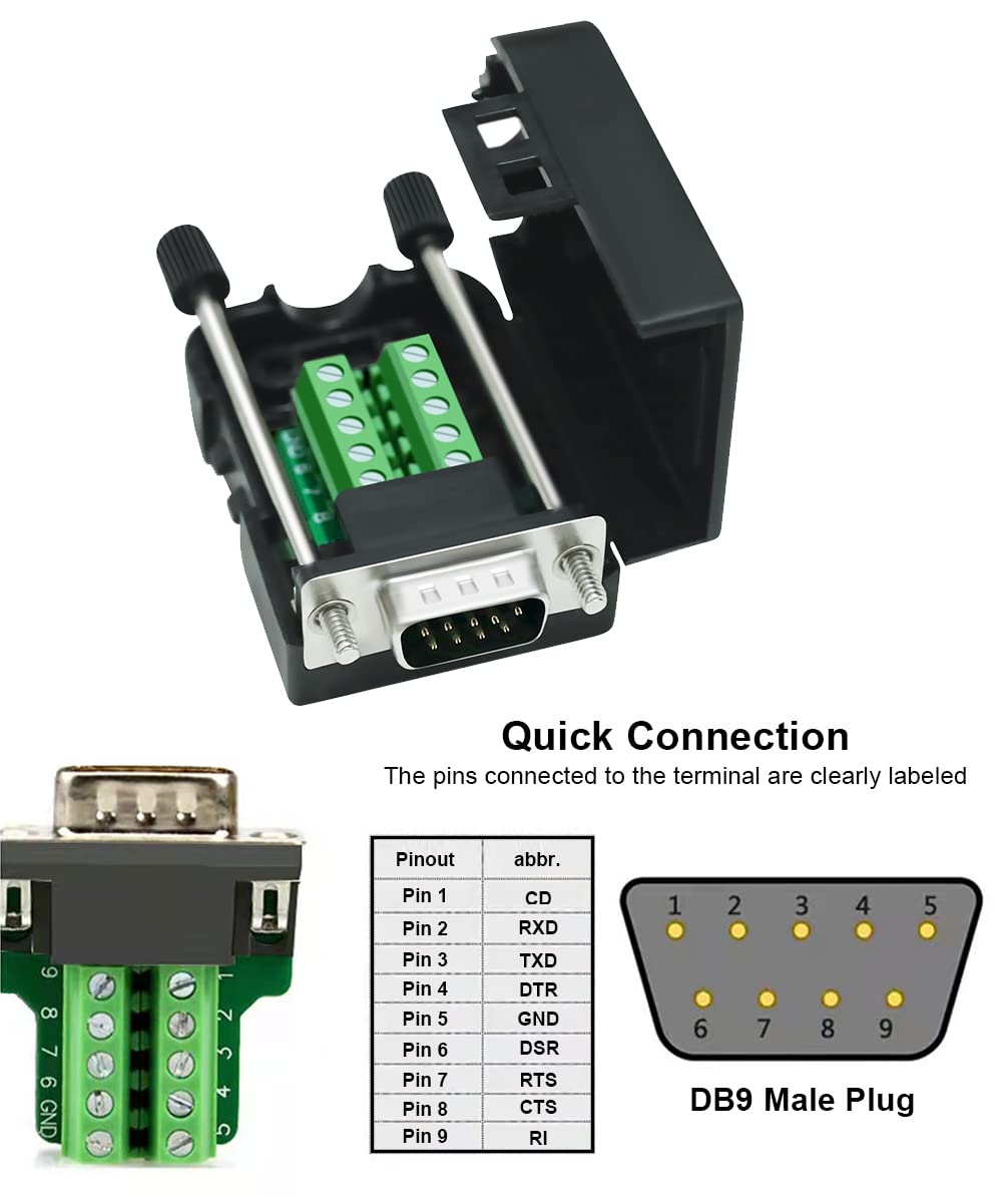 DTech DB9 Breakout Connector, Male RS232 Serial Adapter, Solderless Module Board with Screw Terminals, Case, Long Bolts, Tail Pipes