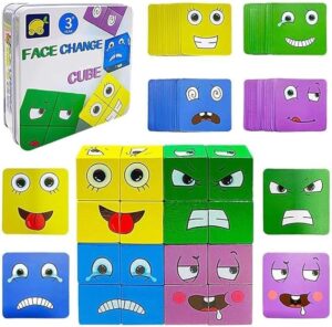 gytera expressions matching block wooden puzzles face-changing magic cube educational montessori toys matching block puzzles, ​parent-child board games for kids ages 3 years and up (64 cards)