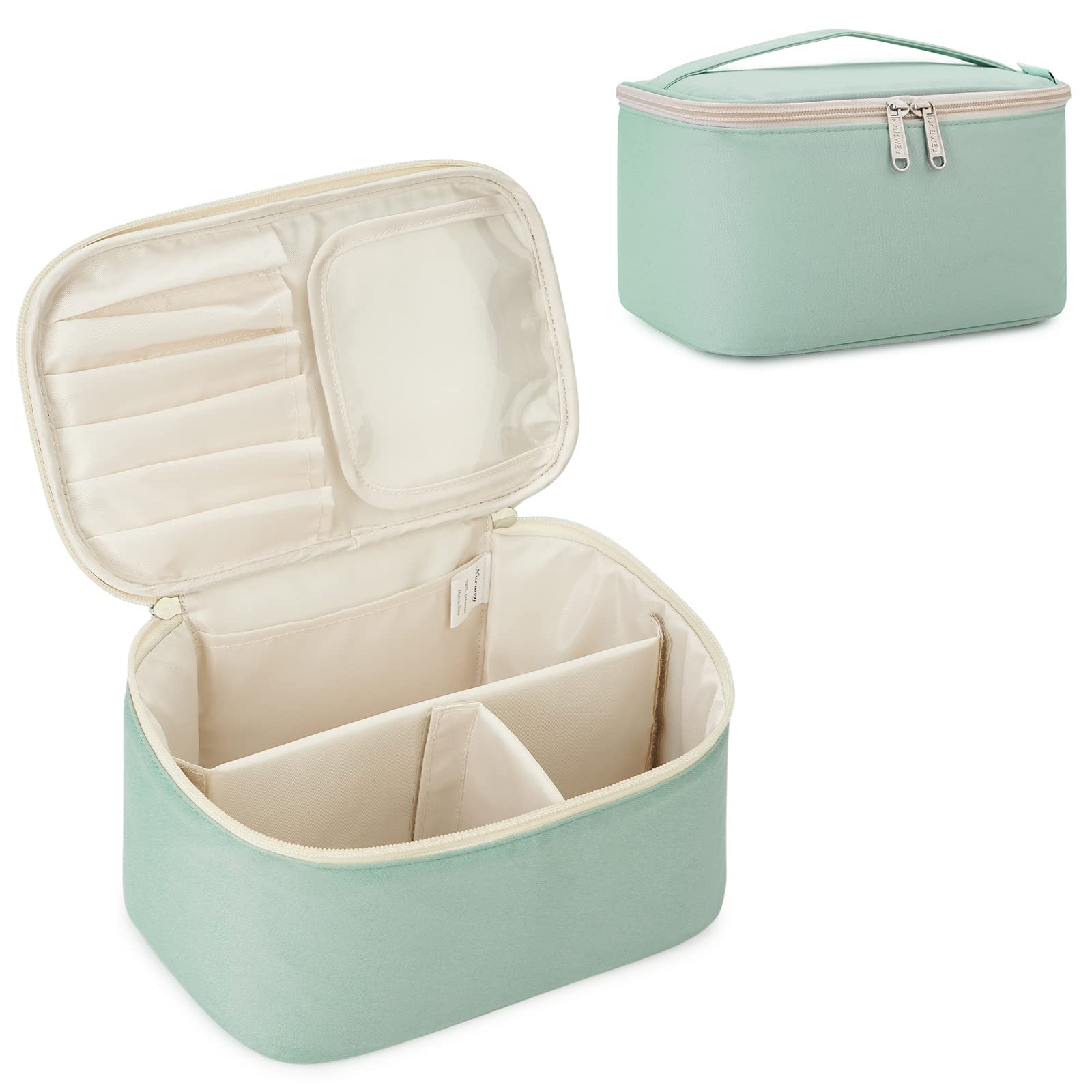 Narwey Travel Makeup Bag with Brush Compartments, Portable Cosmetic Bag Make up Bag Makeup Organizer Case with Brush Storage for Women (Mint Green)