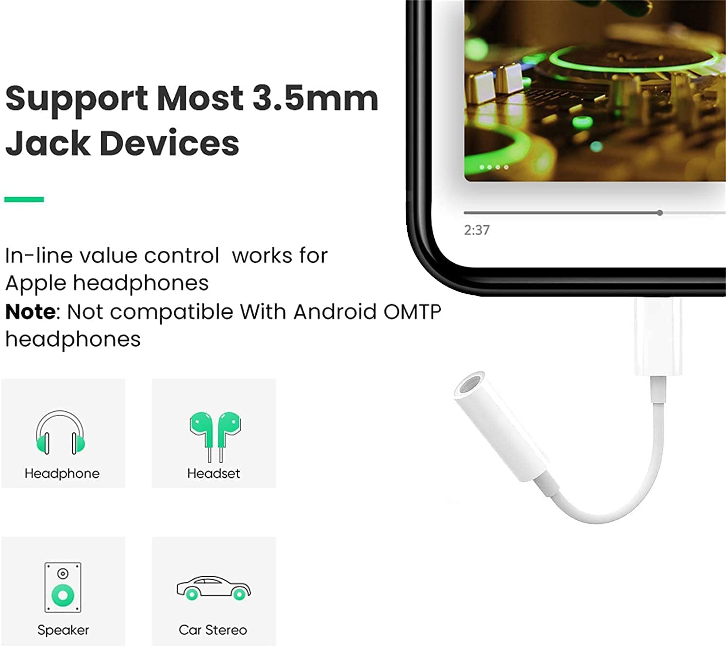 Apple MFi Certified 2 Pack Headphone Adapter for iPhone Connects Lightning to 3.5mm Dongle Auxiliary Audio Splitter Cable Adapter Compatible with iPhone 8 11 12 X XR XS Support All iOS System