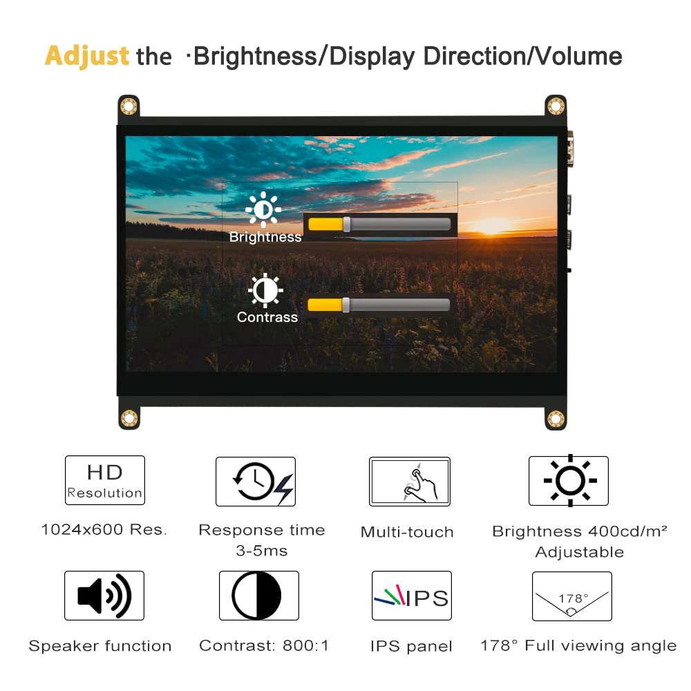 LESOWN New! Touch Screen 7 inch Display IPS 1024x600 HDMI Display, USB Powered Capacitive Touchscreen with Dual Speakers for Raspberry Pi 4 3 Windows AIDA64 Temperature CPU Monitoring