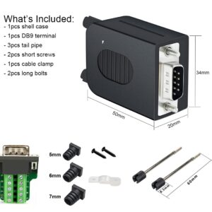 DTech DB9 Breakout Connector, Male RS232 Serial Adapter, Solderless Module Board with Screw Terminals, Case, Long Bolts, Tail Pipes