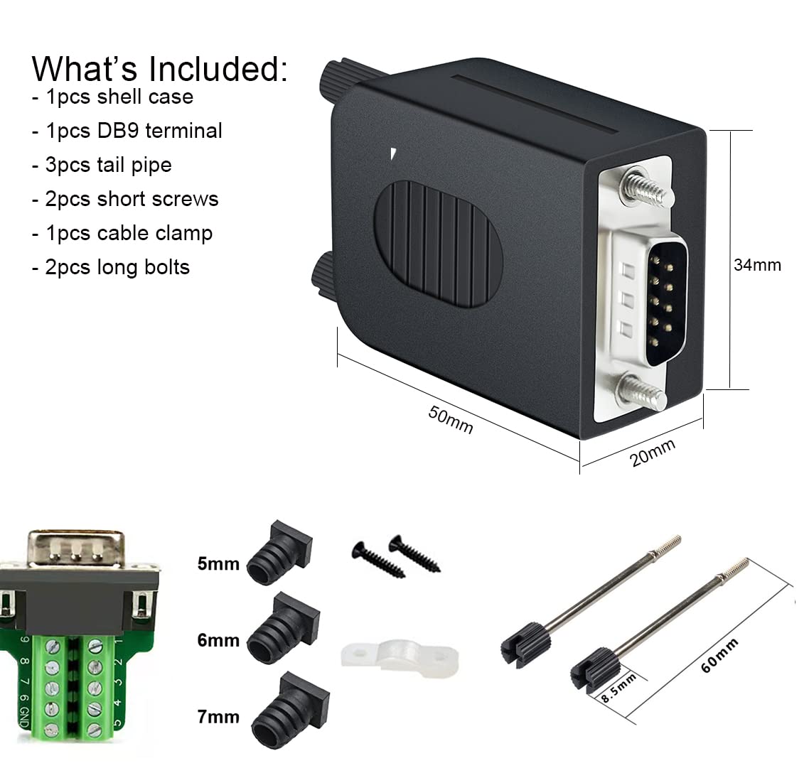 DTech DB9 Breakout Connector, Male RS232 Serial Adapter, Solderless Module Board with Screw Terminals, Case, Long Bolts, Tail Pipes