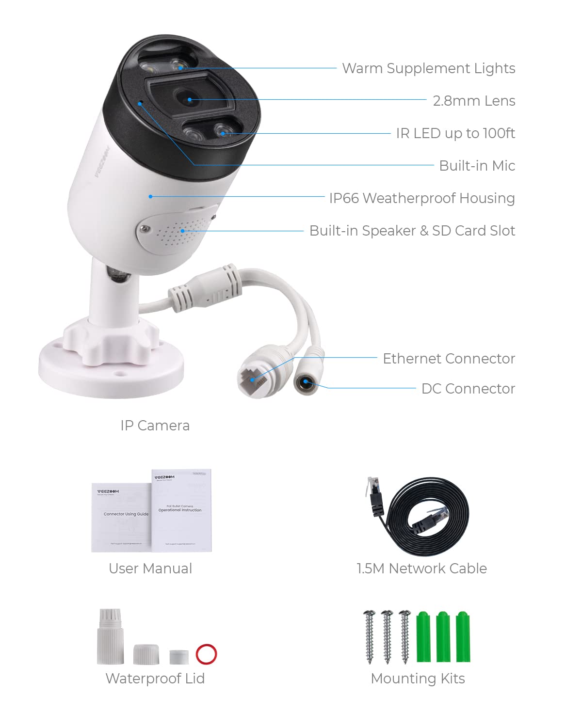 Veezoom Security IP Camera, 2 Way Audio 5MP PoE Security Camera, Full-Color Night Vision, Al Human Detection, Supports up to 256GB Micro SD, IP66 Weatherproof Outdoor Surveillance Cameras