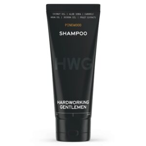 hardworking gentlemen shampoo for men, packed with coconut oil, aloe vera, chamomile and a fresh pinewood scent