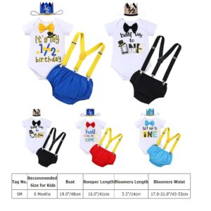 It's My 1/2 Birthday Cake Smash Outfit for Baby Boy Half 6 Months Party Photo Shooting Set Bow Tie Cotton Short Sleeve Romper Y-back Suspenders Diaper Cover Shorts Pants Crown Headband 4pcs Royal Blue