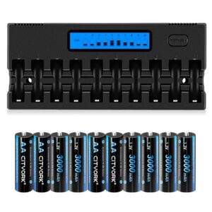 cityork 10 pack 1.2v ni-mh aa 3000mah rechargeable batteries with 10 bay aa fast charger with battery case organizer