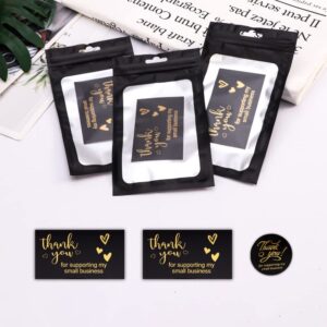 1130pcs Thank You Cards and Stickers Set,100pcs Gold Foil Thank You for Supporting My Business Cards 1000 Thank You Stickers Label Roll with Packaging Bag for Business Greeting(Black)