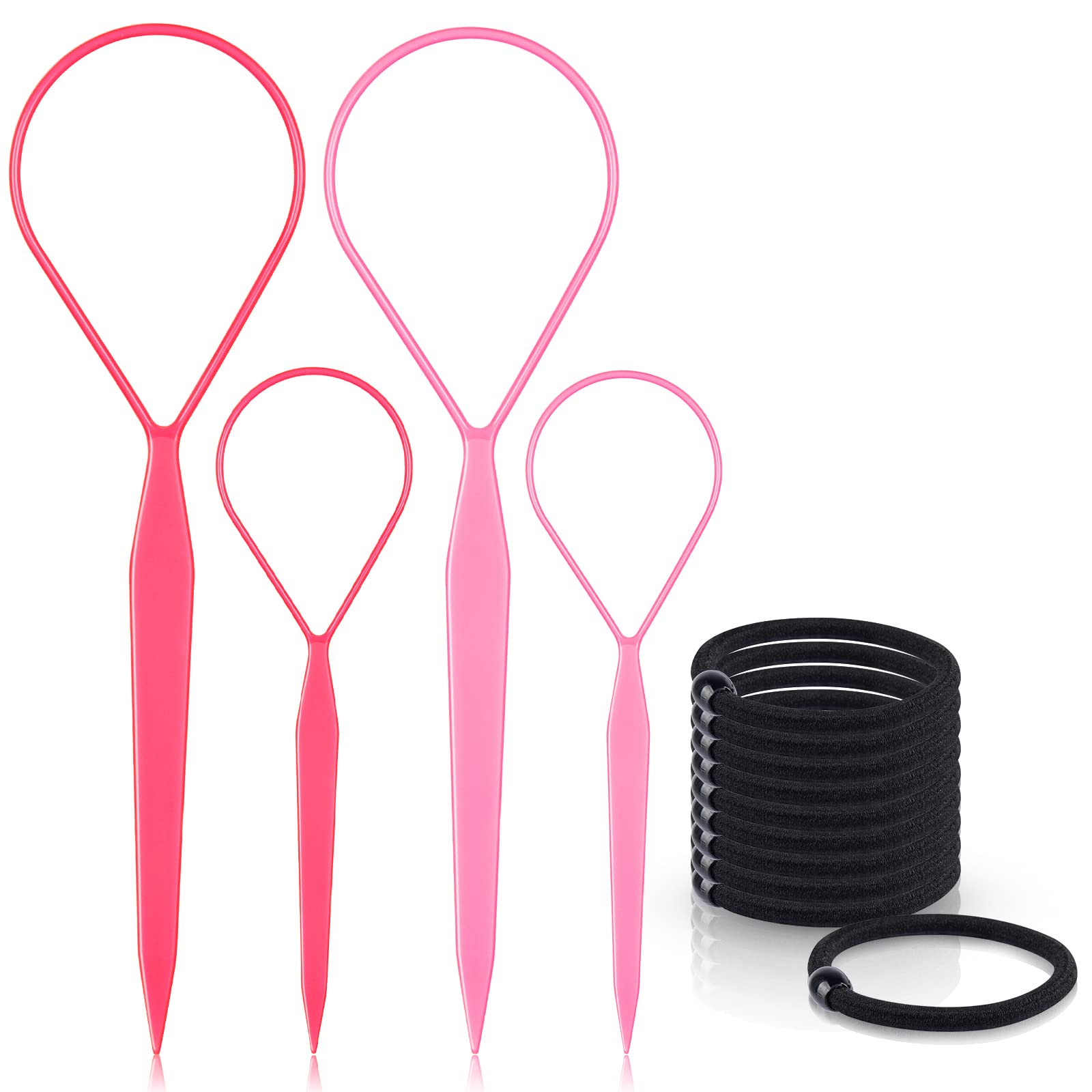 TsMADDTs Topsy Tail Hair Tools, 4 Pcs Hair Loop Styling Tool, Pink, 10pcs Hair Ties