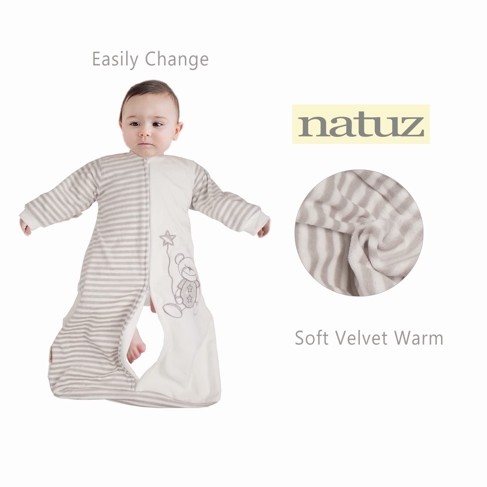 NATUZ Baby Wearable Blanket Long Sleeve Tog 2. Toddler Sleeping Sack With Arms 3-6T Long Flannel Velour Child Large XL Sleeping Bag Warm Soft Sleeper Grey Unisex