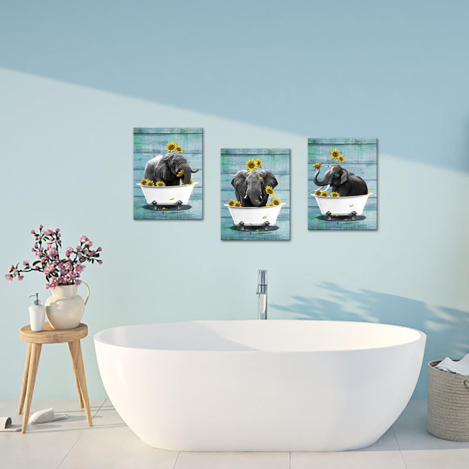 KiteChaser 3 Pieces Elephant Bathroom Decor Wall Art Set Black and White Cute Elephant in Bathtub with Sunflower on Wooded Backdrop African Animals Pictures Canvas Print for Baby Living Room Nursery