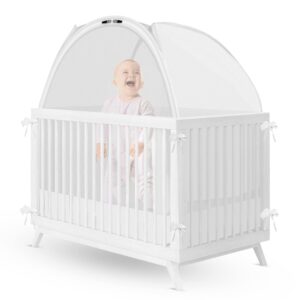 small size crib safety canopy net or tent pop up mesh cover stops climbing stuck limbs see through netting for baby & toddler bed with ties zippers bags by baby movs 47x26x52 in white