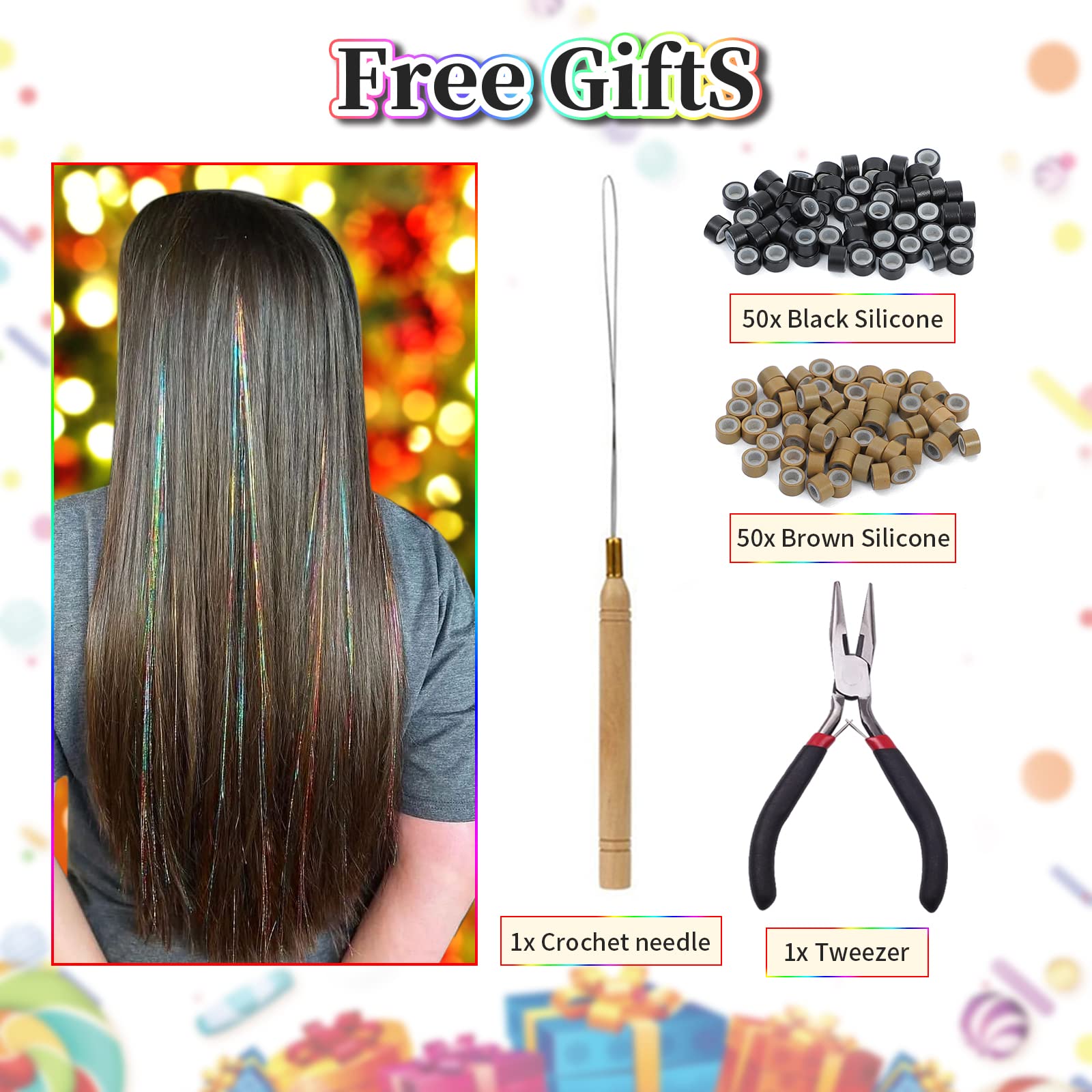 Hair Tinsel Kit Fairy Hair Tinsel Strands With Tools 47 Inches 12Colors 3600 Strands Glitter Sparkling Shiny Hair Extensions Heat Resistant Colorful Rainbow Holographic Hair Accessories for Christmas New Year or Cosplay Party