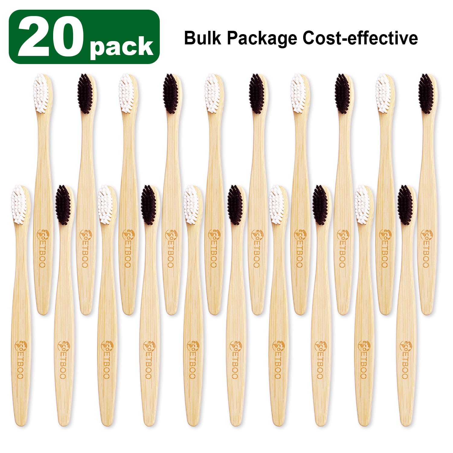 ECOETBOO Bamboo Toothbrushes Medium Bristles for Adult, 20 Pack Family Bulk Toothbrushes Set Natural Organic Wooden Tooth Brush Charcoal Wood Handle Tooth Cleaning Brush