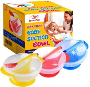 baby food bowl with thermal spoon-holder cover, full silicon base. (laboratory tested bowl) toddler bowl not too soft/durable/quality/safe for infant and elderly (9 pieces, 3sets)