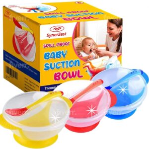 Baby Food Bowl with Thermal Spoon-Holder Cover, Full Silicon Base. (Laboratory Tested Bowl) Toddler Bowl NOT Too Soft/Durable/Quality/Safe for Infant and Elderly (9 Pieces, 3SETS)