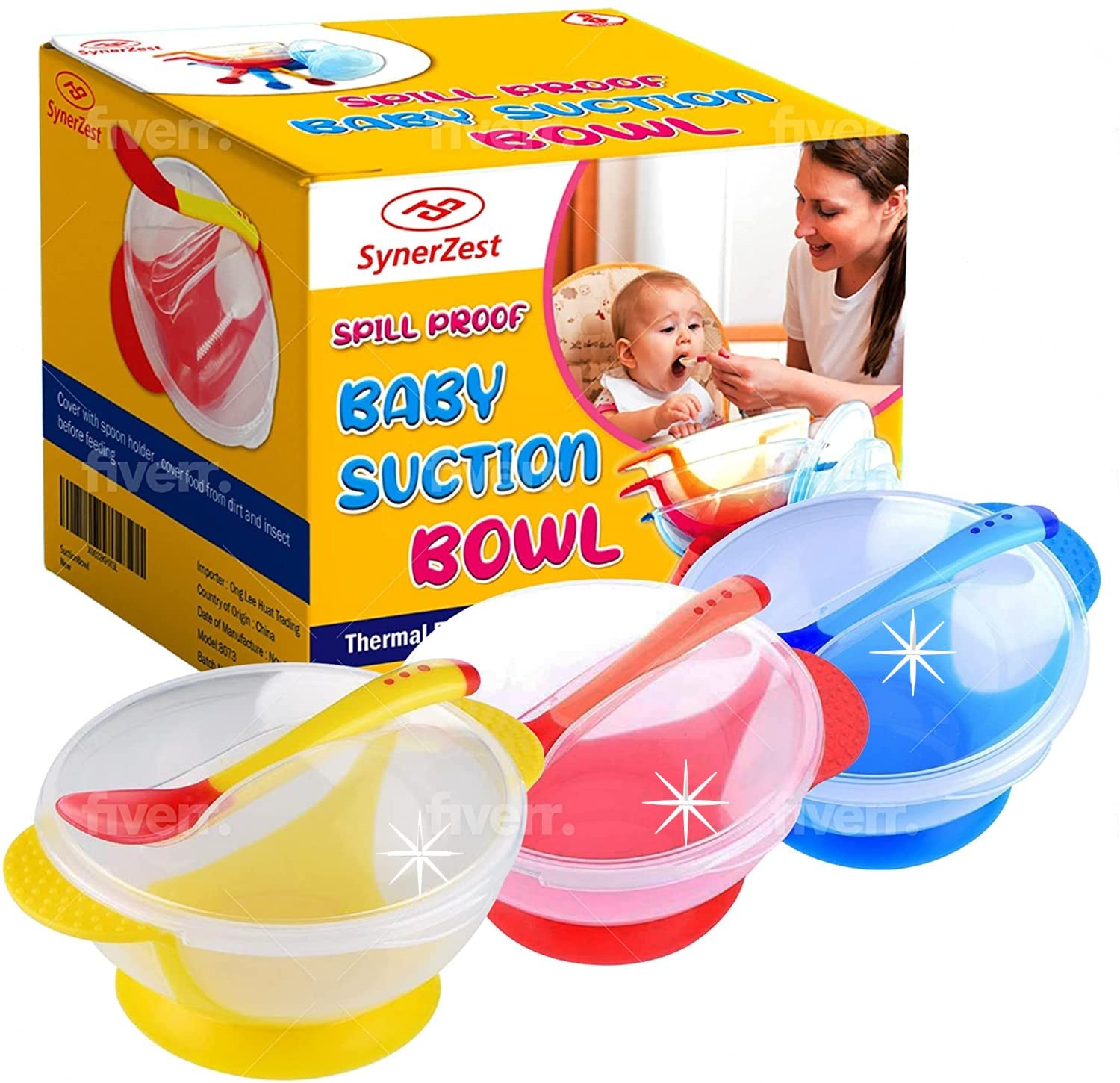 Baby Food Bowl with Thermal Spoon-Holder Cover, Full Silicon Base. (Laboratory Tested Bowl) Toddler Bowl NOT Too Soft/Durable/Quality/Safe for Infant and Elderly (9 Pieces, 3SETS)