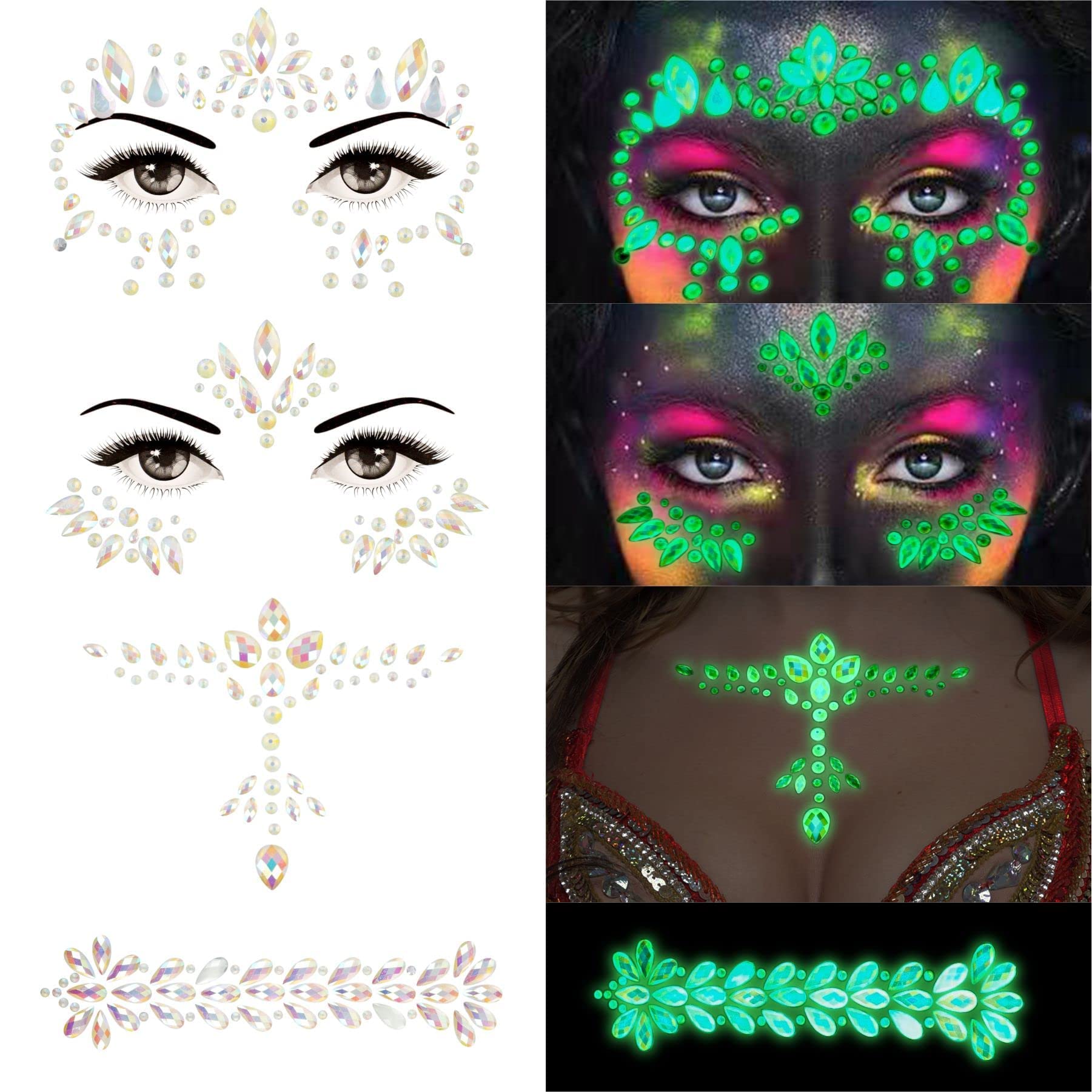 Face Gems, 7 Sets Luminous Face Jewels and 4 Sets Non-luminous Face Gems Rhinestone Stickers, Body Makeup Halloween Rainbow Tears Glow in The Dark Rave Accessories