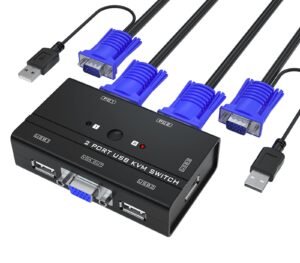 yinker vga kvm switch, 2 port usb vga kvm switch w/2 kvm cables & 3 usb hubs for 2 computers share one monitor keyboard mouse