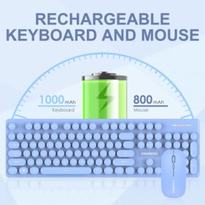 Wireless Keyboard and Mouse Combo, Retro Typewriter Keyboard Wireless 104 Keys Full Size with Silent Round Keycaps, Bluetooth 5.1 & 2.4G Wireless Dual Mode Rechargeable Compatible PC/Laptop/Mac (Blue)