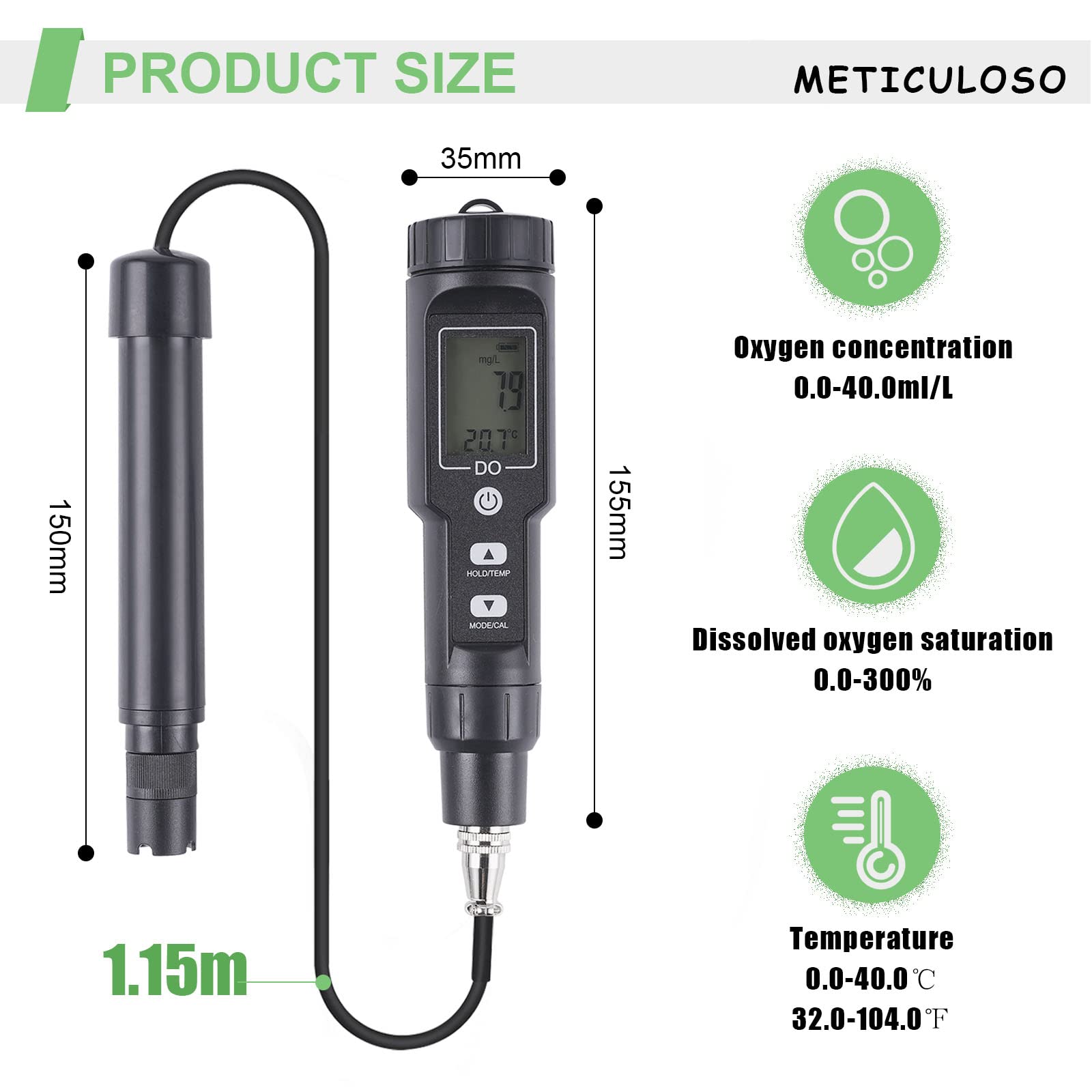 Meticuloso Portable Dissolved Oxygen Meter, DO Range:0-40.00 mg/L, Temperature Compensation: 0-40℃, with Backlight（Not Include Electrolyte Solution)