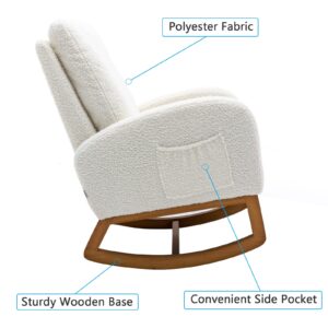 Dolonm Rocking Chair Mid-Century Modern Nursery Rocking Armchair Upholstered Tall Back Accent Glider Rocker for Living Room (White)