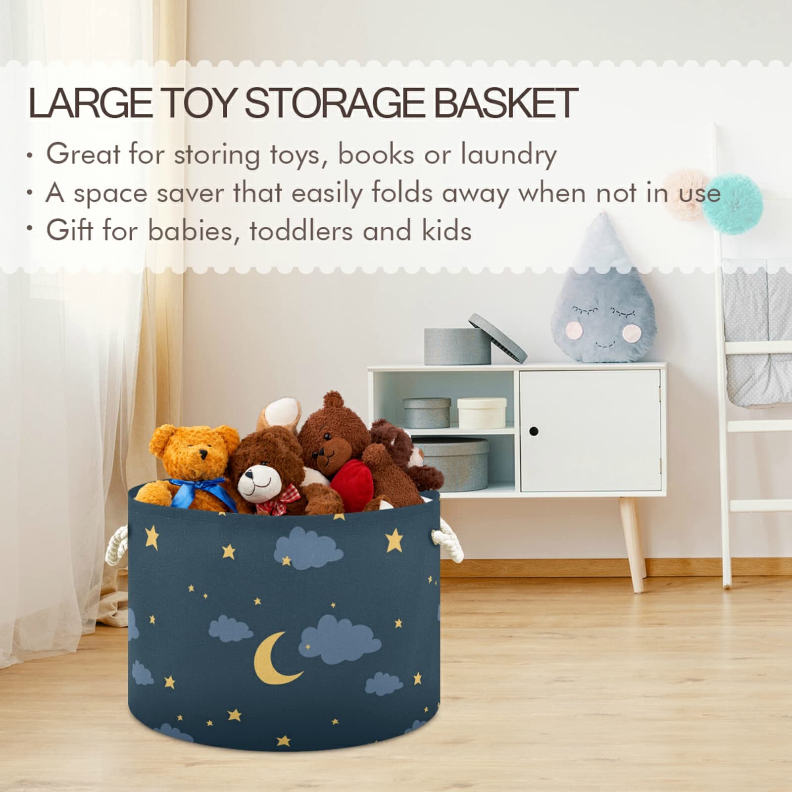 ALAZA Night Sky with Moon Stars and Cloud Storage Basket Gift Baskets Large Collapsible Laundry Hamper with Handle, 20x20x14 in, (B06D20005)