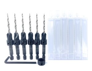 ftg usa countersink drill bit set 6 pc #6 (9/64") with 6 storage containers for wood countersink drill bit pro pack countersink set, tapered countersink bit, 1 stop collar, hex wrench,