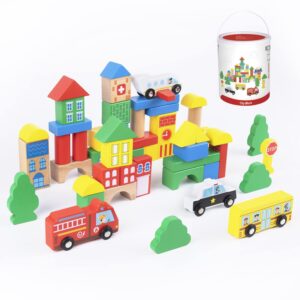 tookyland wooden city building blocks - 50pcs - wood construction stacking set, toy for kids 2 years old +