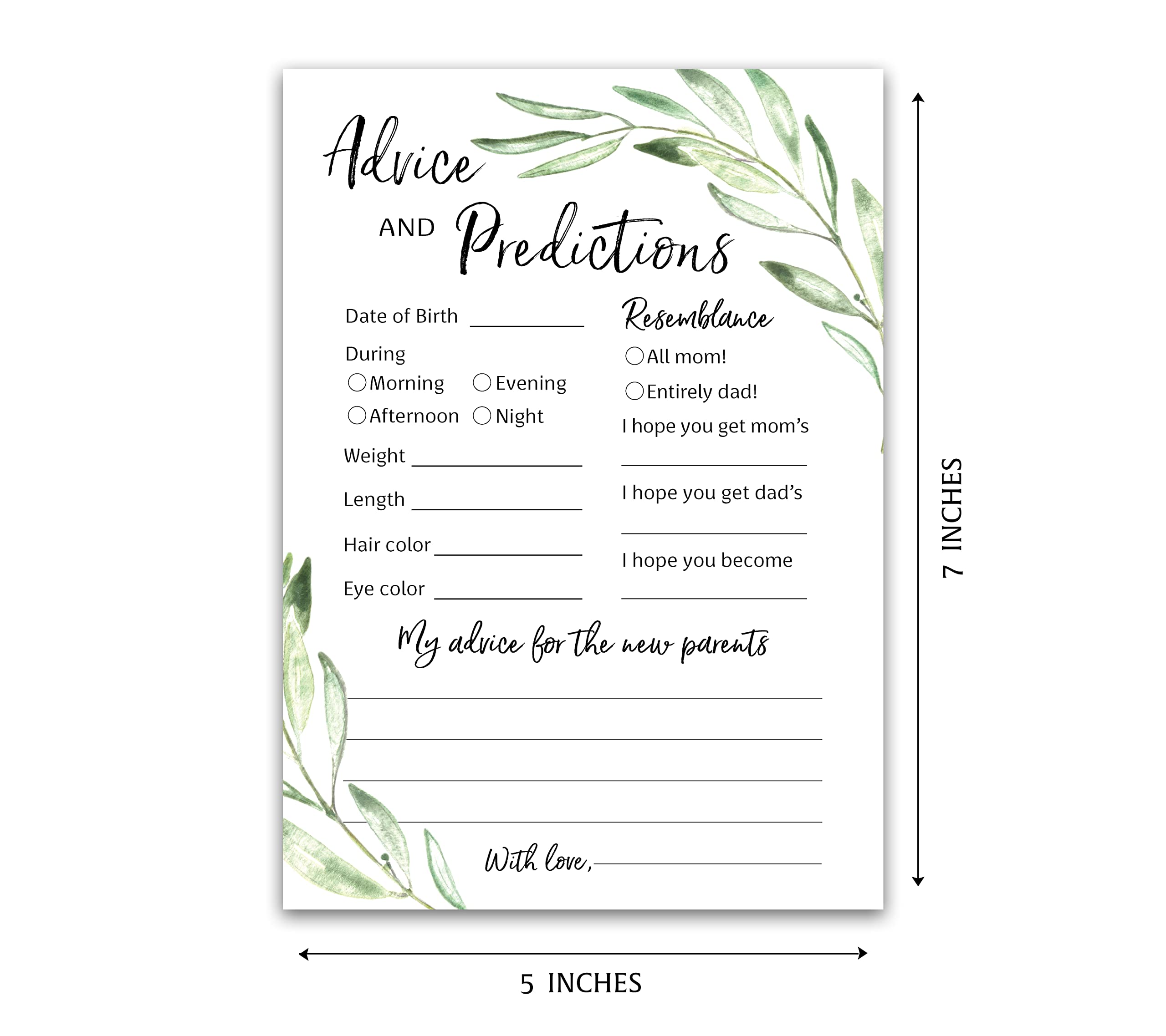 GREENERY Prediction and Advice Cards,Pack of 25, New Parents Mom & Dad to be Mommy & Daddy Message, Rustic Floral Green Olive Branch Couples Coed Shower Activity Keepsake Book G320-PDAV