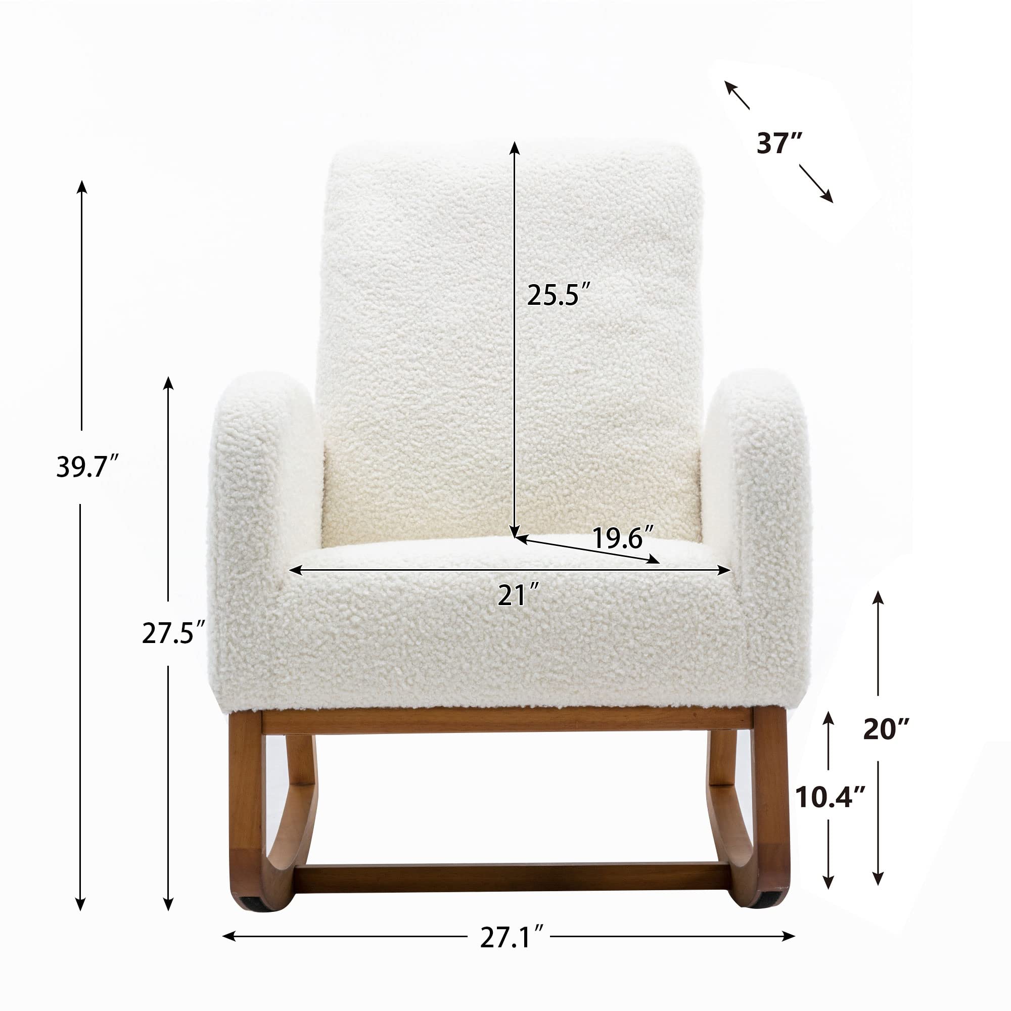 Dolonm Rocking Chair Mid-Century Modern Nursery Rocking Armchair Upholstered Tall Back Accent Glider Rocker for Living Room (White)