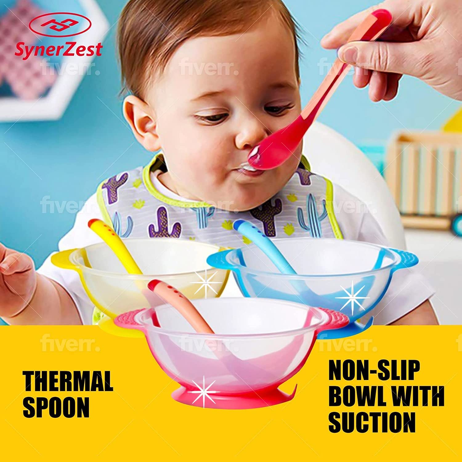 Baby Food Bowl with Thermal Spoon-Holder Cover, Full Silicon Base. (Laboratory Tested Bowl) Toddler Bowl NOT Too Soft/Durable/Quality/Safe for Infant and Elderly (9 Pieces, 3SETS)