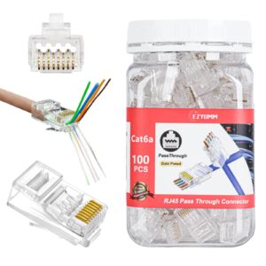 ezyumm 100 pieces rj45 cat6a pass through connectors gold plated cat 6a bold connector for thick 23 awg cables