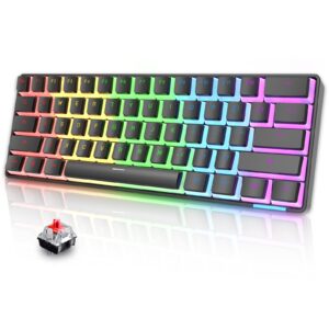 mini wireless 60% dual mode bt5.0/usb-c wired mechanical gaming keyboard with pudding keycaps rainbow backlit ergonomic rechargeable anti-ghosting 61key for pc typist mac gamer(black pbt/red switch)