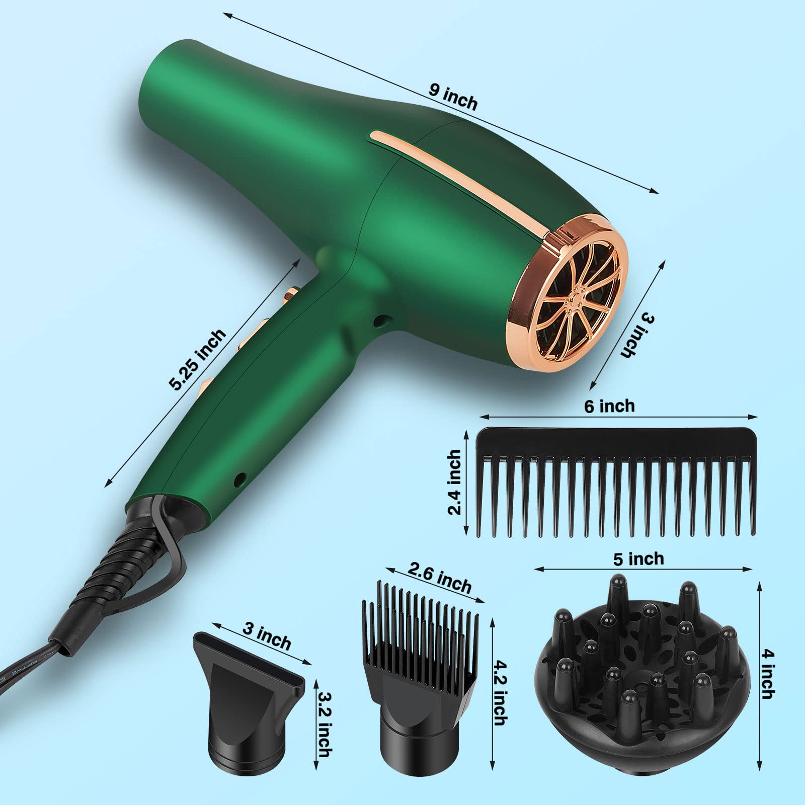 ARDIRO 2000 Watt Negative Ionic Hair Dryer, Professional Salon Blow Dryer, Low Noise Fast Drying & Powerful AC Motor and Diffuser Comb for Men Women,3 Heat & 2 Speed Settings, Easy to Use- Green