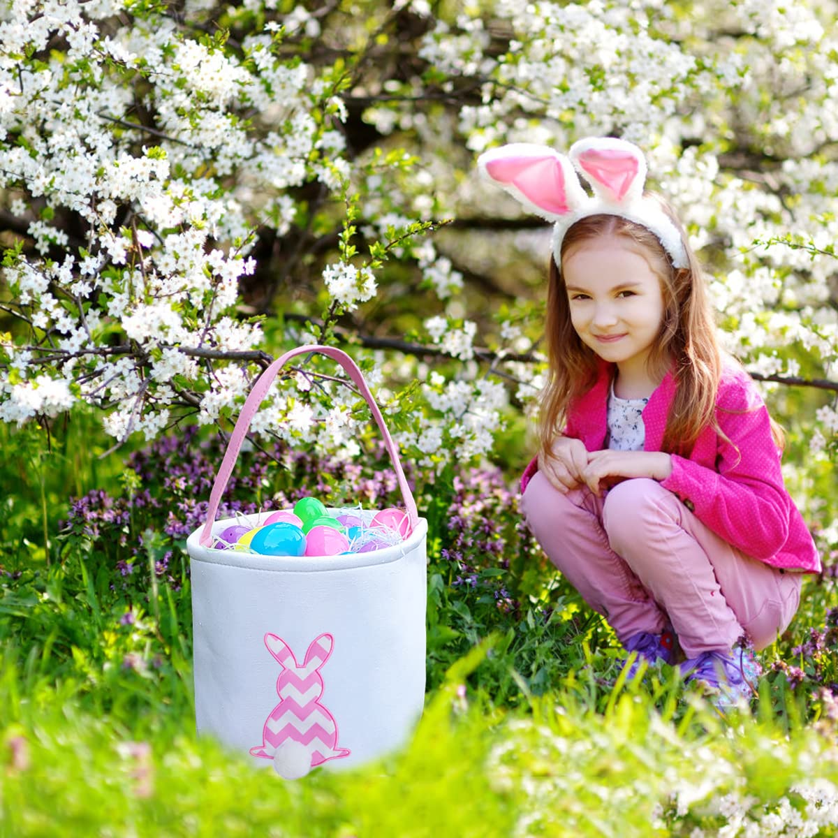 Poptrend Easter Basket Bags,Pink stripes Easter Eggs/Gift Baskets for Kids,Bunny Tote Bag Bucket for Easter Eggs,Toys, Candy,Gifts (Pink stripes)