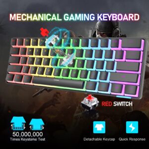 Mini Wireless 60% Dual Mode BT5.0/USB-C Wired Mechanical Gaming Keyboard with Pudding Keycaps Rainbow Backlit Ergonomic Rechargeable Anti-ghosting 61Key for PC Typist Mac Gamer(Black PBT/Red Switch)