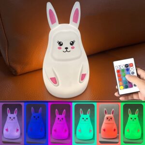 yariaii cute bunny kids night light, kawaii silicone nightlights for kids bedroom, toddler animal silicone led lamp, timer auto shutoff, portable squishy silicone lamp room decor decorations, white