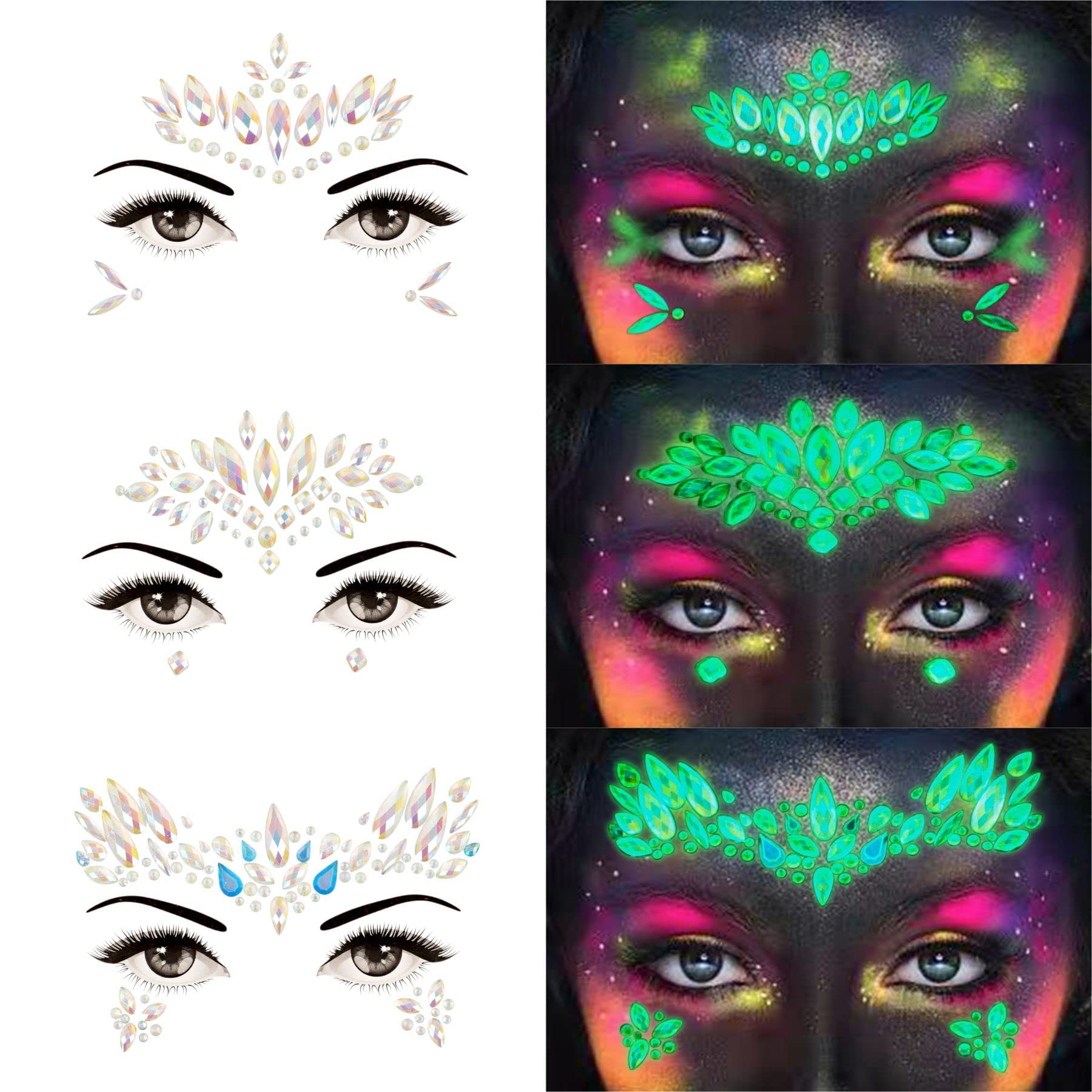 Face Gems, 7 Sets Luminous Face Jewels and 4 Sets Non-luminous Face Gems Rhinestone Stickers, Body Makeup Halloween Rainbow Tears Glow in The Dark Rave Accessories