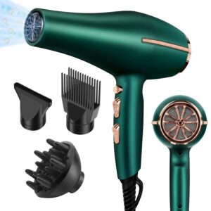 ardiro 2000 watt negative ionic hair dryer, professional salon blow dryer, low noise fast drying & powerful ac motor and diffuser comb for men women,3 heat & 2 speed settings, easy to use- green