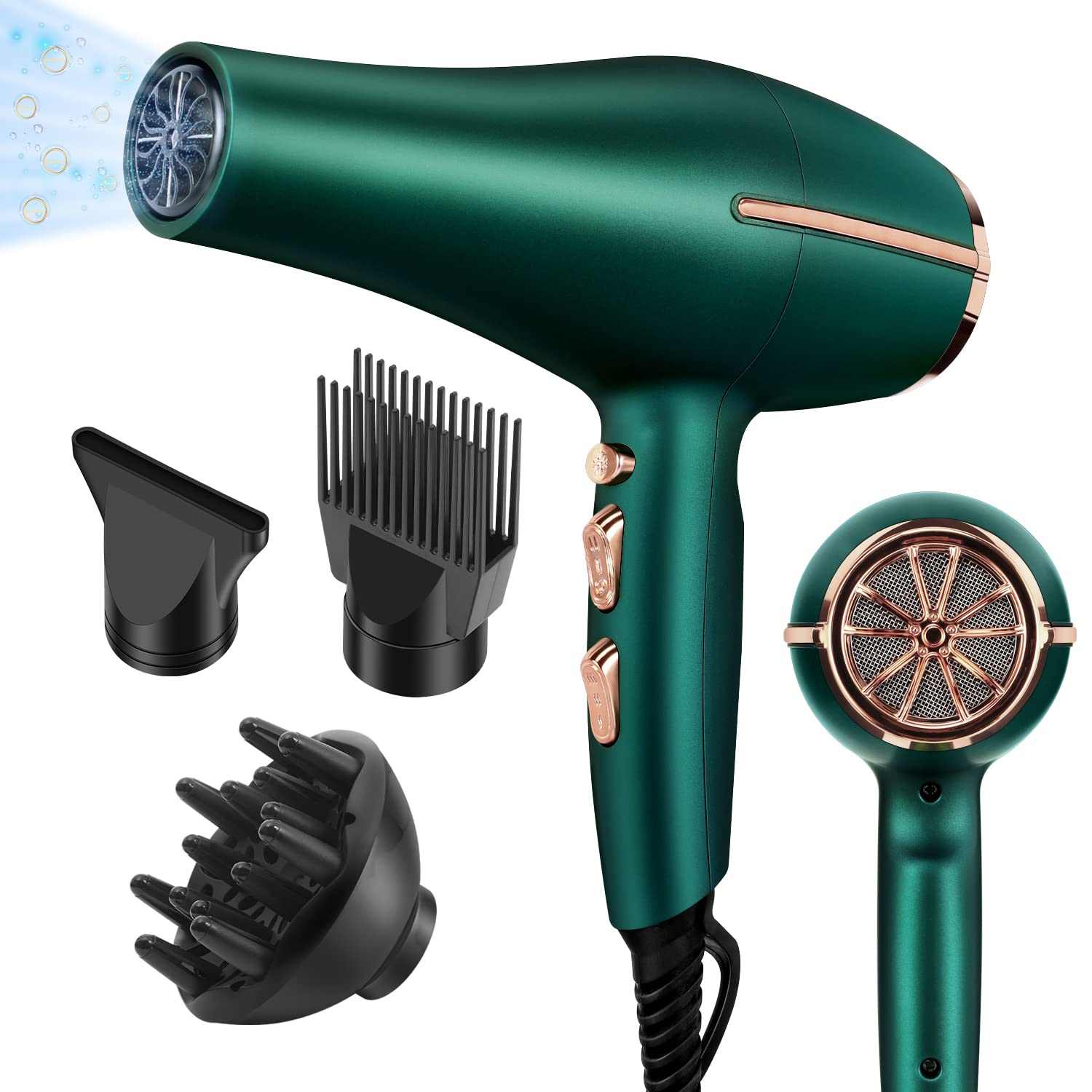 ARDIRO 2000 Watt Negative Ionic Hair Dryer, Professional Salon Blow Dryer, Low Noise Fast Drying & Powerful AC Motor and Diffuser Comb for Men Women,3 Heat & 2 Speed Settings, Easy to Use- Green