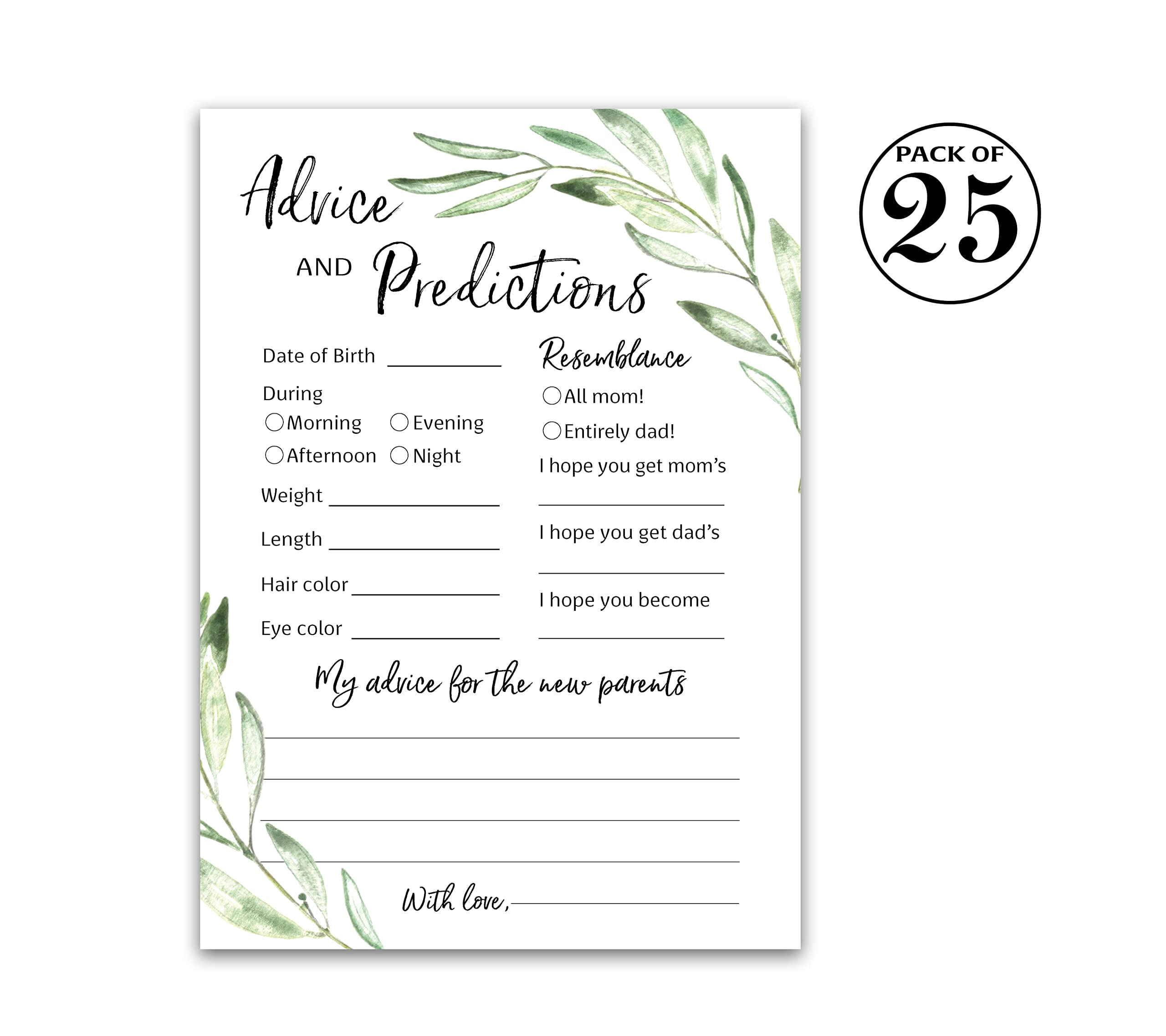 GREENERY Prediction and Advice Cards,Pack of 25, New Parents Mom & Dad to be Mommy & Daddy Message, Rustic Floral Green Olive Branch Couples Coed Shower Activity Keepsake Book G320-PDAV