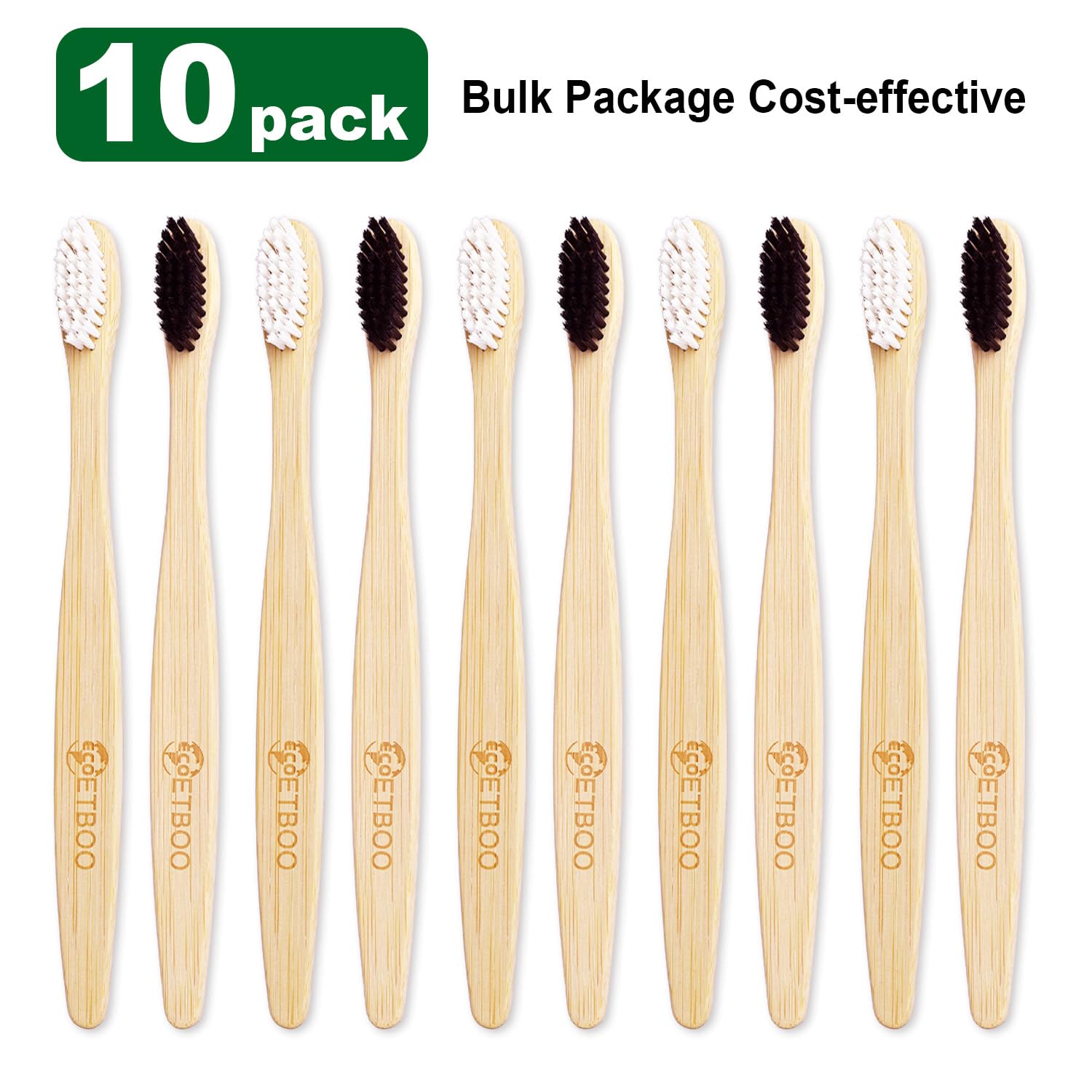 ECOETBOO Bamboo Toothbrushes Medium Bristles for Adult, 10 Pack Family Bulk Toothbrushes Set Natural Organic Wooden Tooth Brush Charcoal Wood Handle Eco Friendly Toothbrush