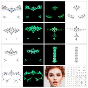 face gems, 7 sets luminous face jewels and 4 sets non-luminous face gems rhinestone stickers, body makeup halloween rainbow tears glow in the dark rave accessories