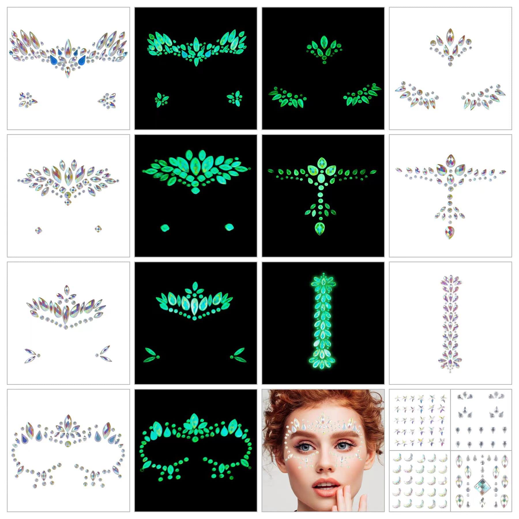 Face Gems, 7 Sets Luminous Face Jewels and 4 Sets Non-luminous Face Gems Rhinestone Stickers, Body Makeup Halloween Rainbow Tears Glow in The Dark Rave Accessories