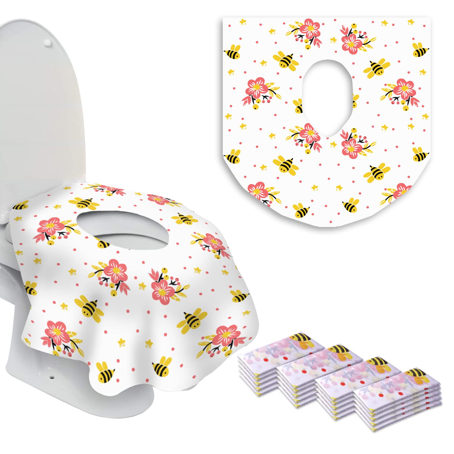 20 Extra Large Toilet Seat Covers Disposable for Kids & Adults-Toilet Covers Disposable for travel-Toddler Toilet Seat Cover Liners for Potty Training-Individually Wrapped-Waterproof (Bees)