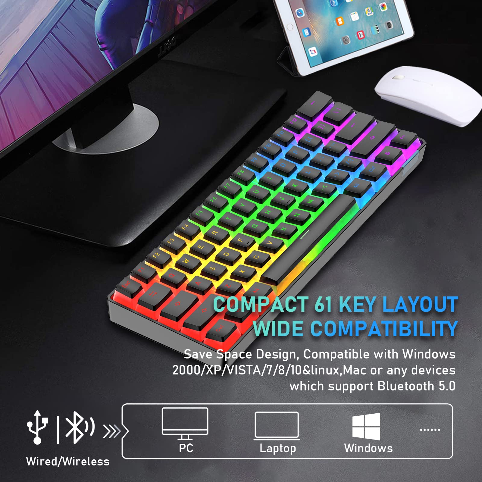 Mini Wireless 60% Dual Mode BT5.0/USB-C Wired Mechanical Gaming Keyboard with Pudding Keycaps Rainbow Backlit Ergonomic Rechargeable Anti-ghosting 61Key for PC Typist Mac Gamer(Black PBT/Red Switch)