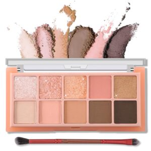 erinde 10 colors eyeshadow palette makeup - matte shimmer glitter eye shadow, ultra-blendable, high pigmented, naturing-looking, neutral nude eyeshadow pallet with professional brush, peach color