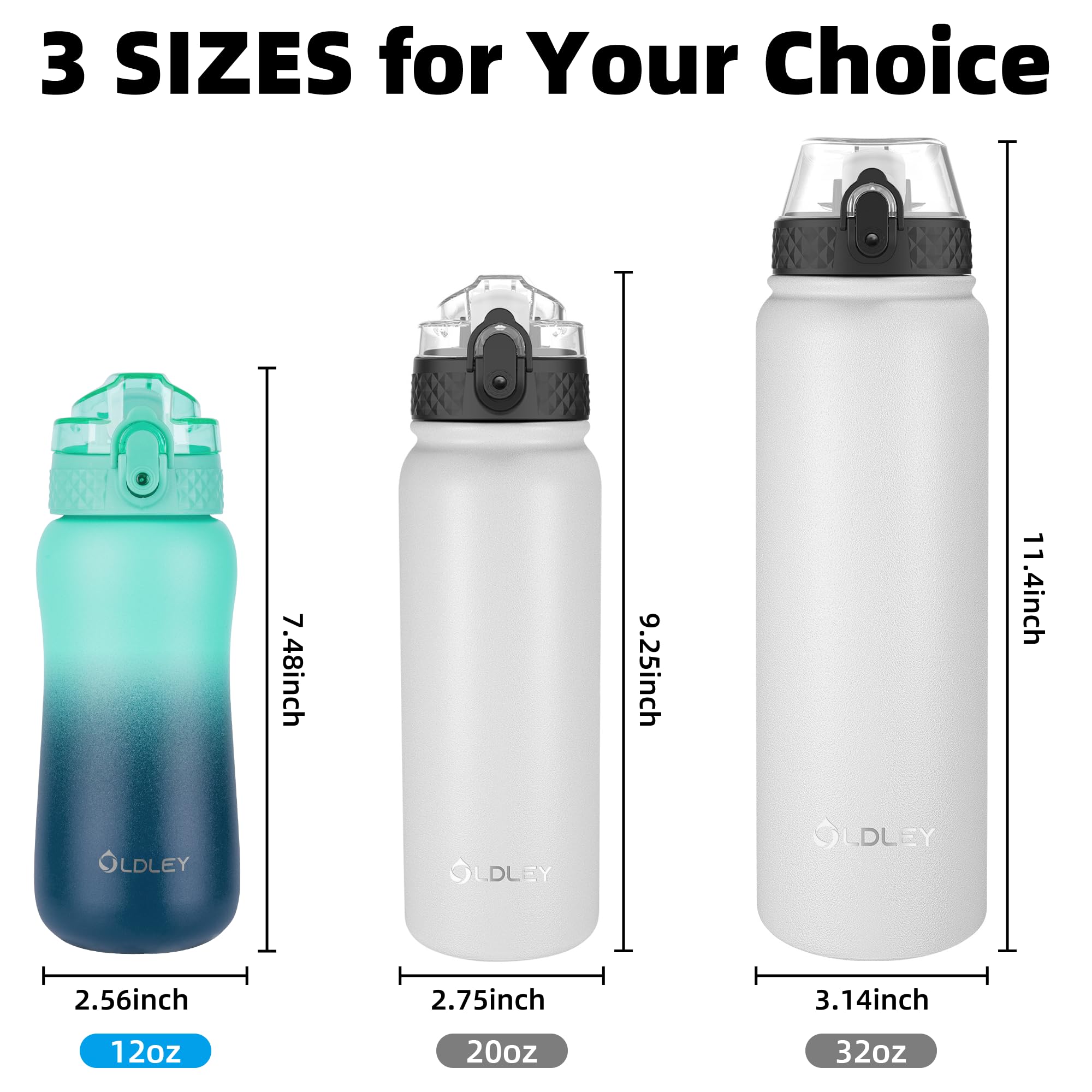 OLDLEY Insulated Water Bottle 12oz Kids Water Bottles with Straw, Stainless Steel Water Bottle with 2 Lids,Double Wall Vacuum Bottle, Leak-Proof Sport Bottles for School Travel, Caribbean Blue