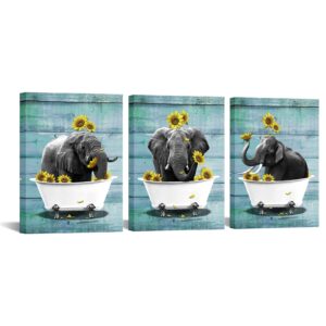 kitechaser 3 pieces elephant bathroom decor wall art set black and white cute elephant in bathtub with sunflower on wooded backdrop african animals pictures canvas print for baby living room nursery